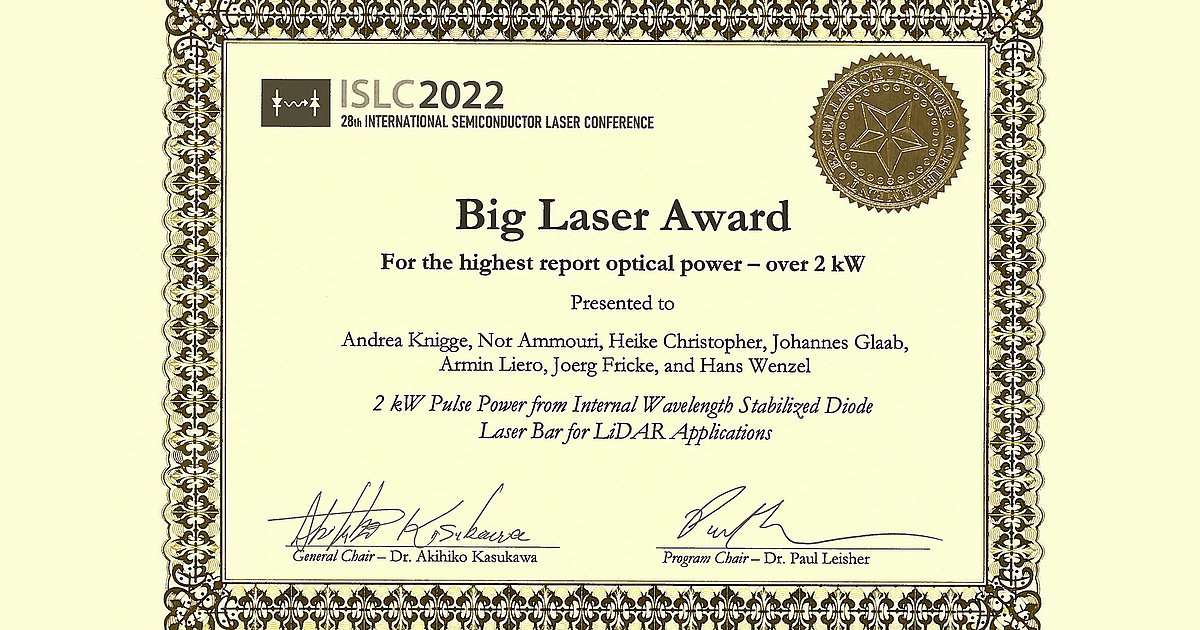 ISLC 2022 Big Laser Award goes to FBH team | Ferdinand-Braun-Institut